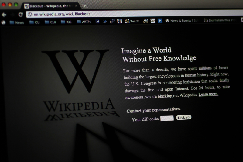 Wikipedia goes dark for 24 hours in protest of SOPA and PIPA